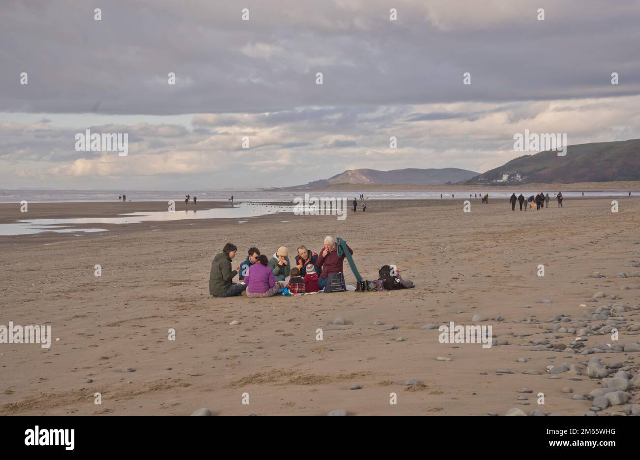 People walking their dogs on the beach in Ynyslas at the Dyfi estuary ...