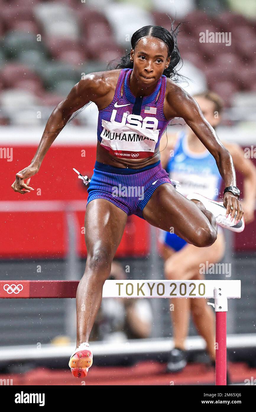 Dalilah Muhammad (USA) competing in the Women's 400 metres Hurdles ...