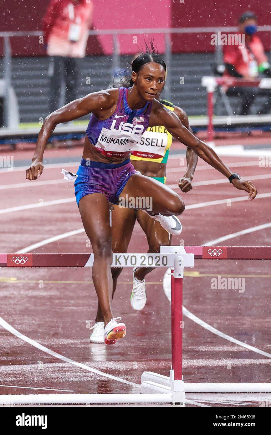 Dalilah Muhammad (USA) competing in the Women's 400 metres Hurdles ...