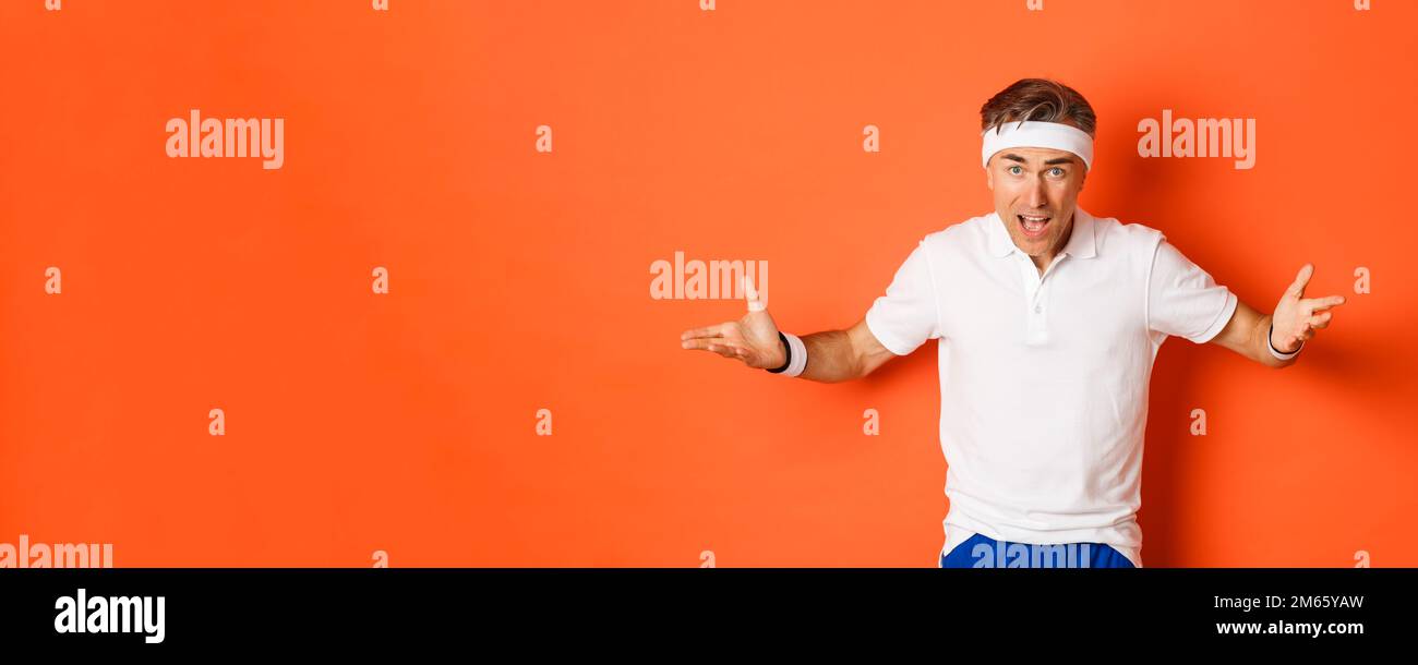 Concept of workout, sports and lifestyle. Portrait of confused middle ...