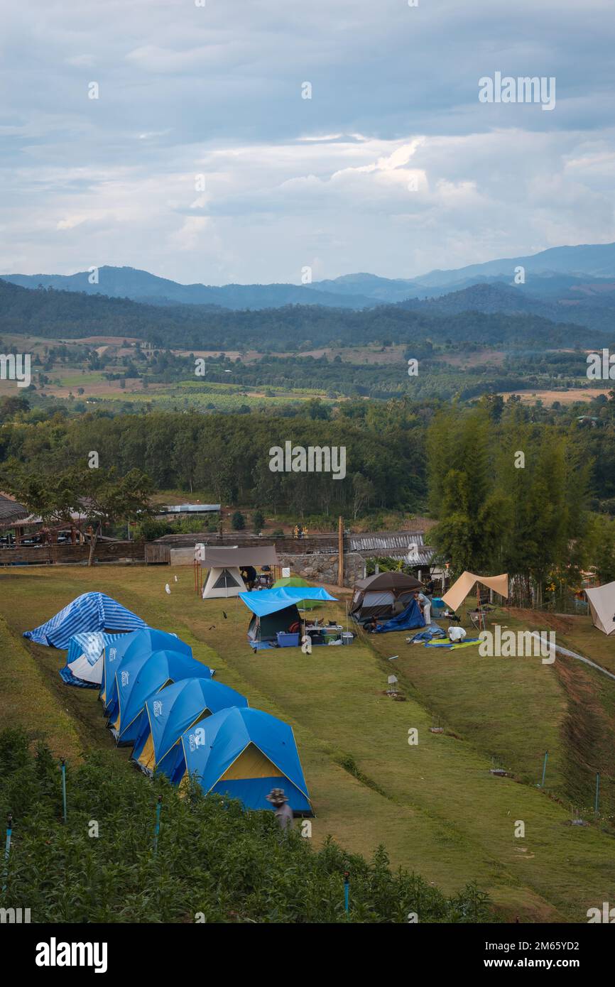 Pai, Thailand. November 19, 2022. Tents at the campsite on Yun Lai ...