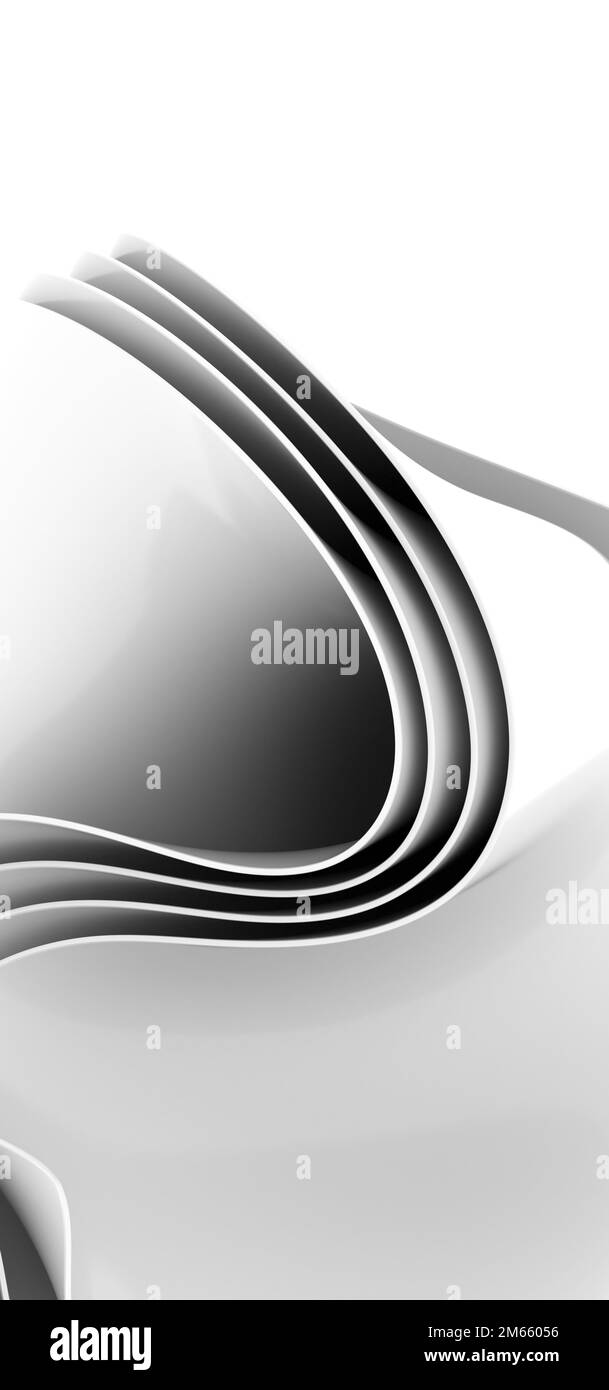 An abstract 3D rendered white background with thin, reflective wavy ...