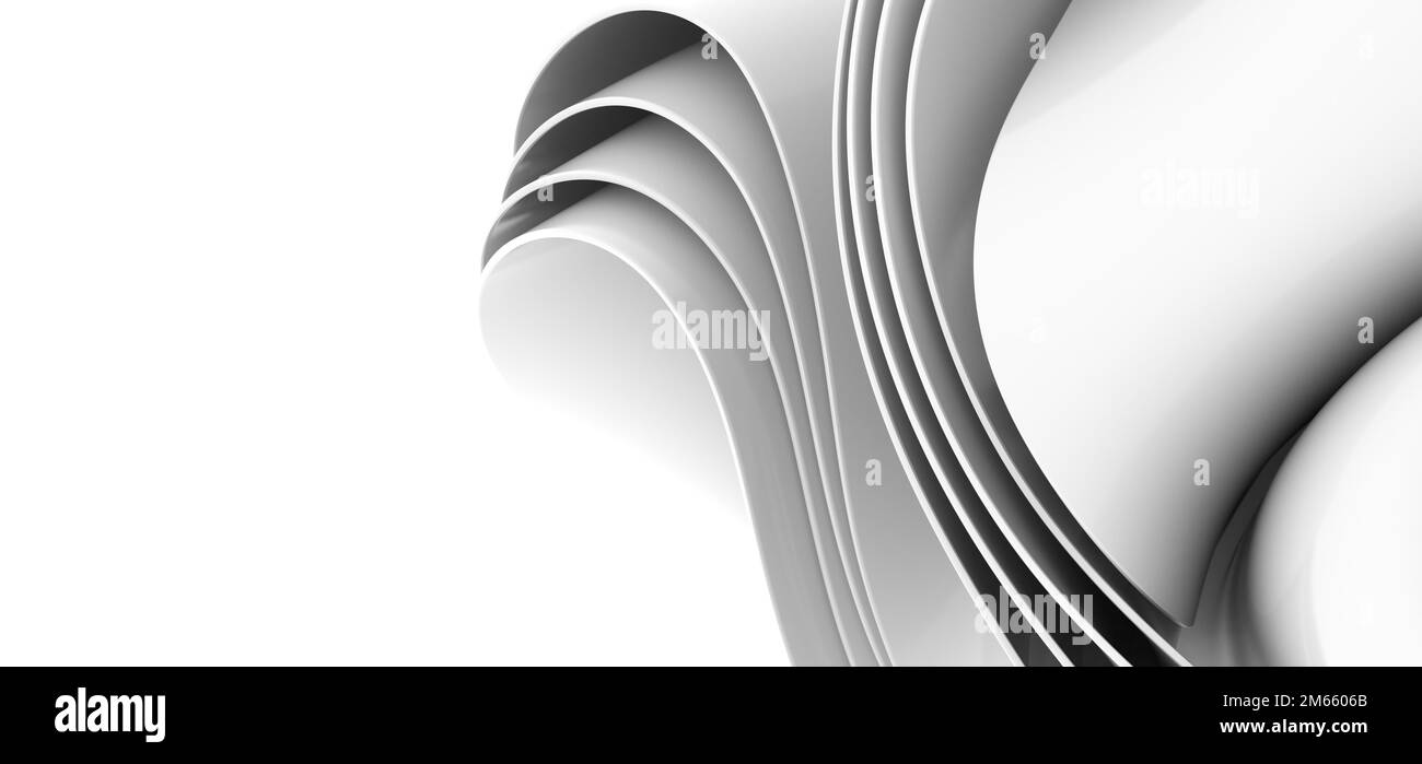 An abstract 3D rendered white background with thin, reflective wavy ...