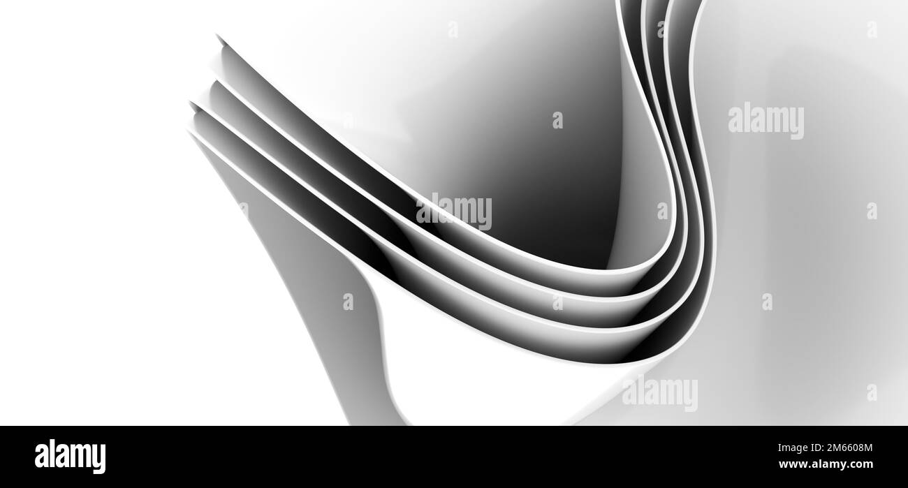 An Abstract 3d Rendered White Background With Thin Reflective Wavy Shapes And Copy Space Stock