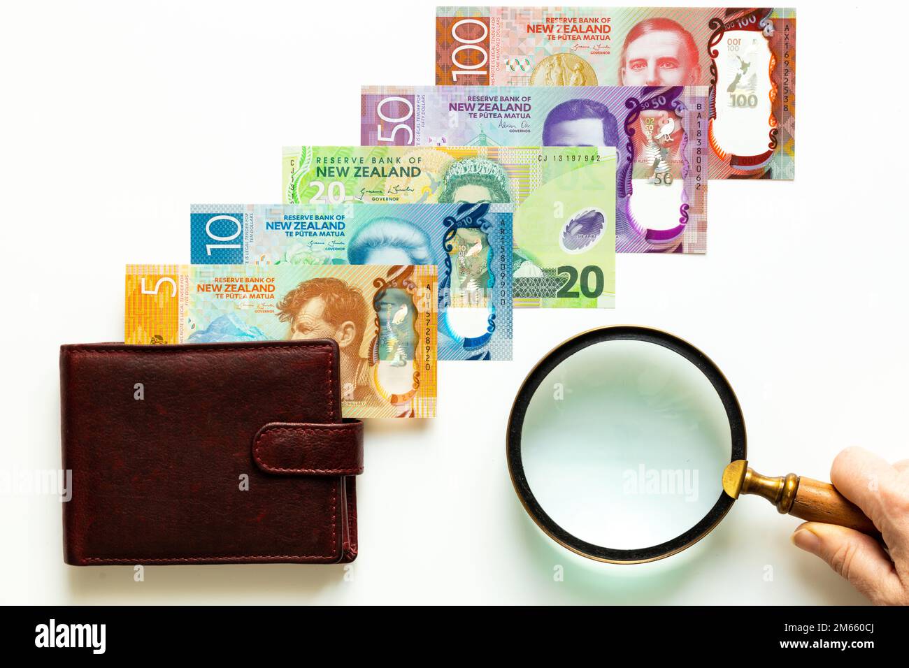 New Zealand dollars hand with magnifying glass and wallet on white ...