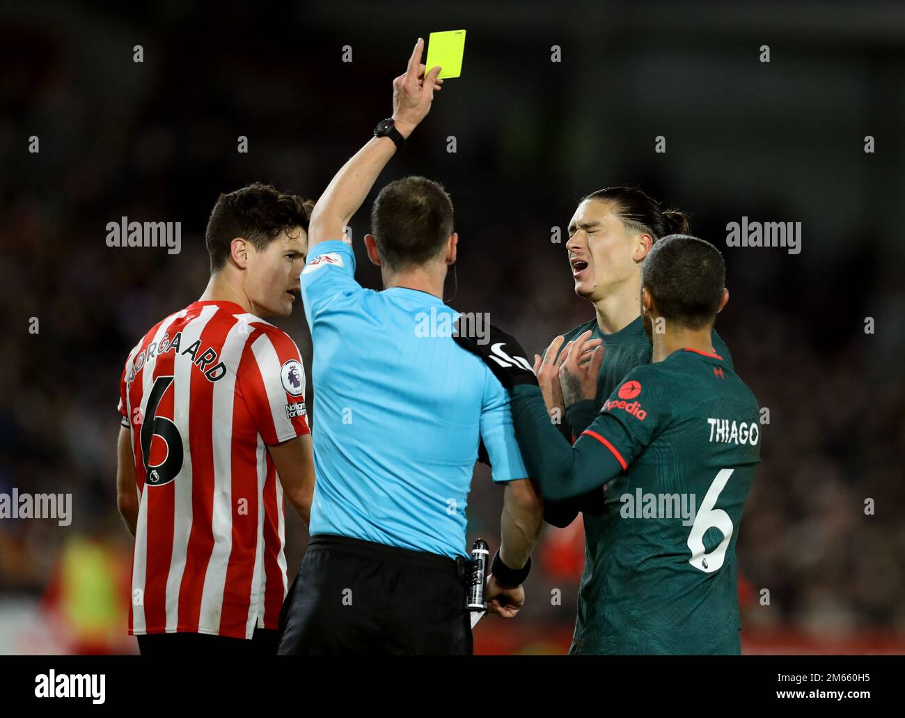 London, UK. 2nd Jan, 2023. Darwin Nunez of Liverpool is shown the ...