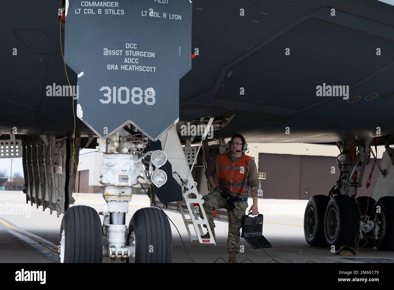 A crew chief with the 509th maintenance squadron inspects a B-2 Spirit during Exercise Agile ...