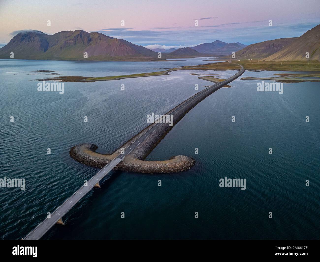 An aerial view of the Kolgrafafjordur 'Sword' Bridge in Iceland Stock ...