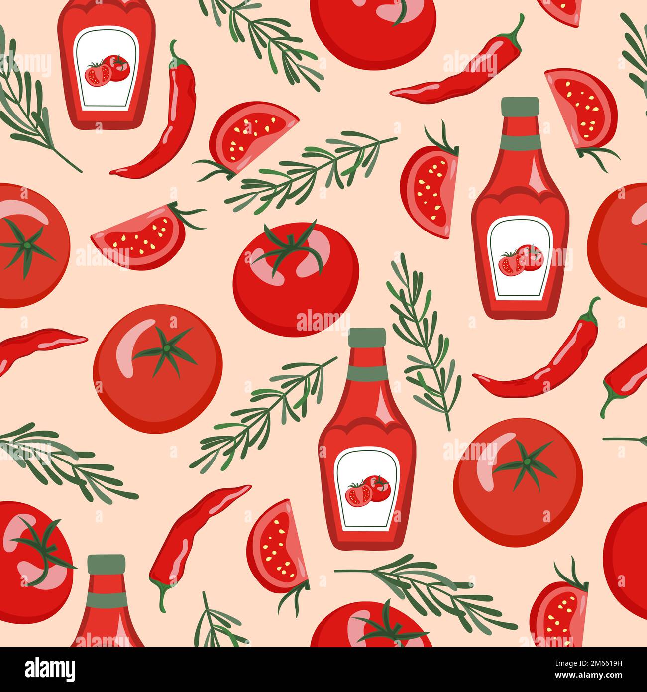Seamless ketchup sauce pattern with sauce bottles, tomatoes, chili ...