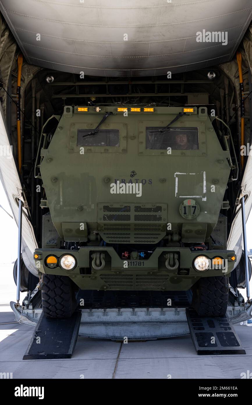 A U.S. Marine Corps M142 High Mobility Artillery Rocket System launcher ...