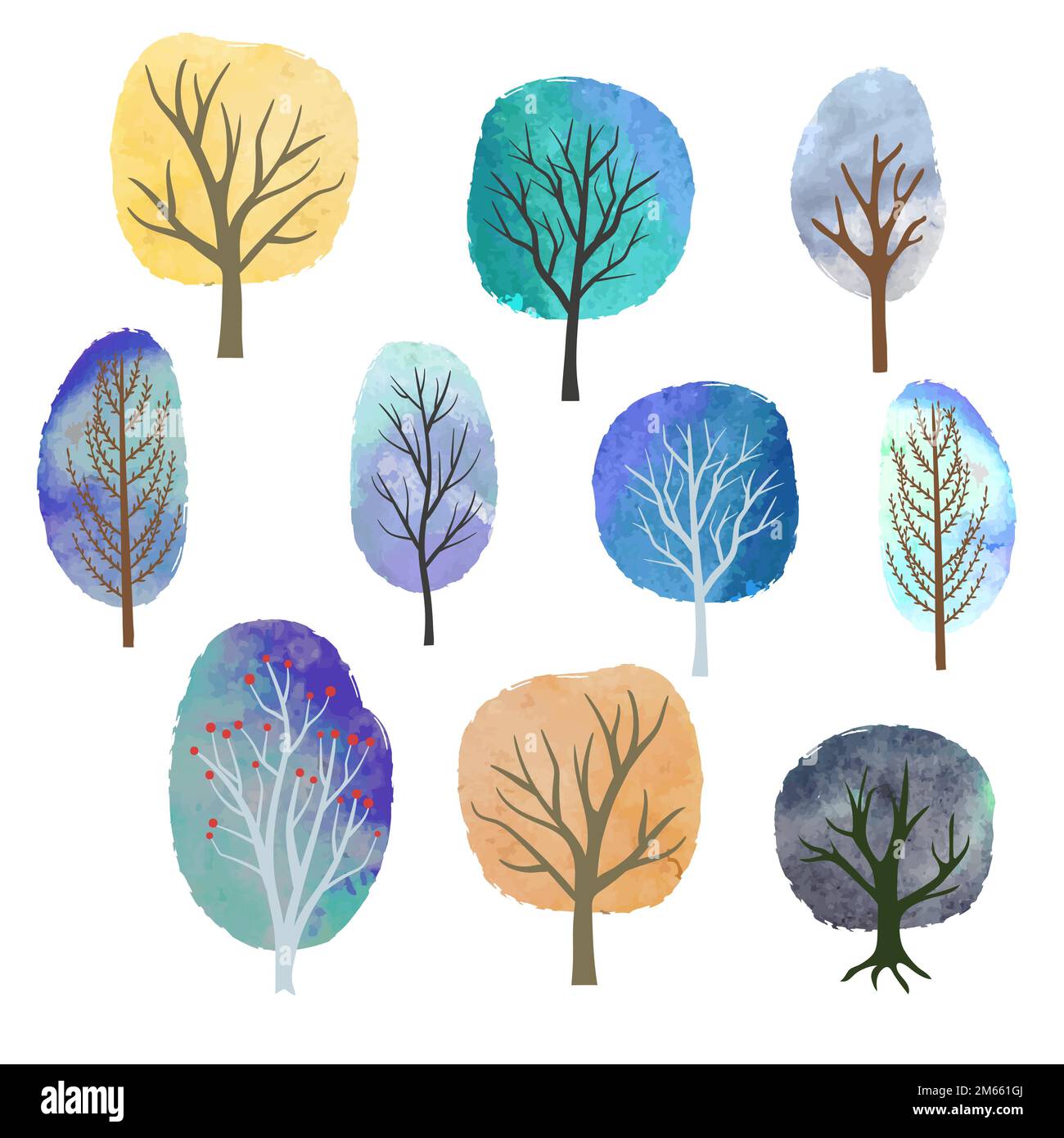 Set of abstract watercolor winter trees. Vector illustration Stock ...