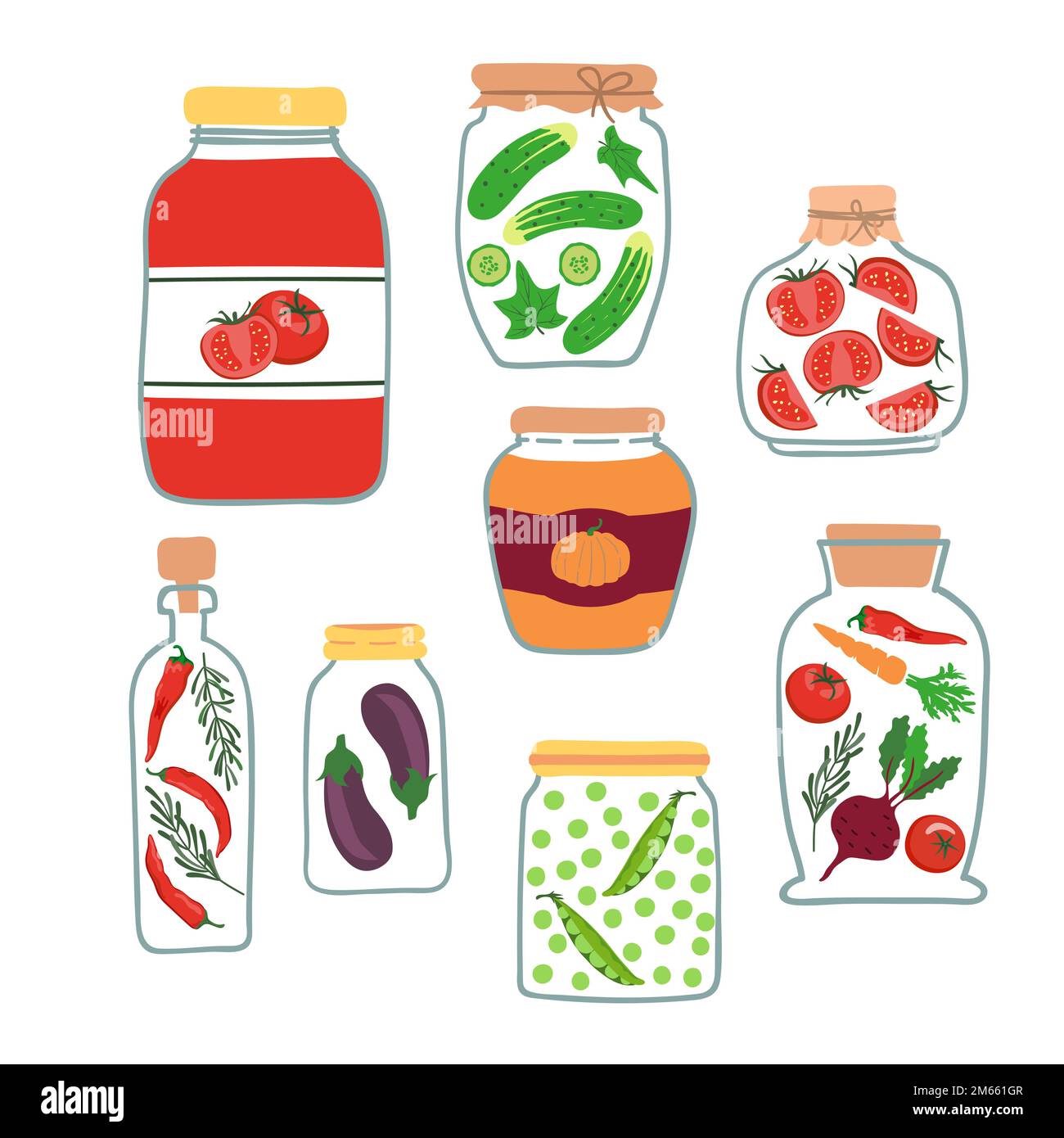 Vector set of pickled vegetables. Preserved vegetables doodle ...
