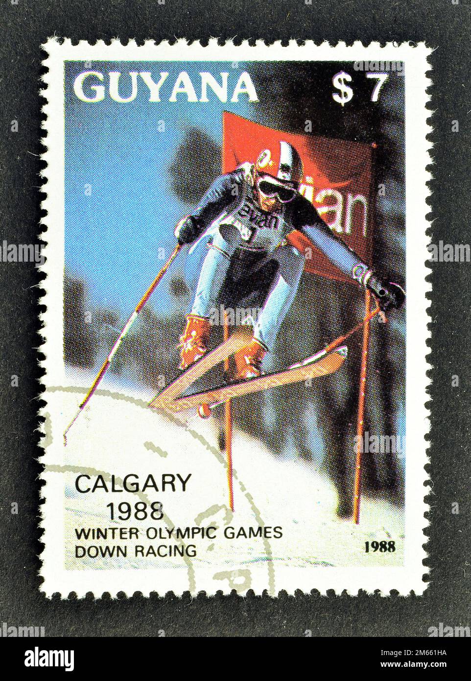 Cancelled postage stamp printed by Guyana, that shows Downhill skier ...