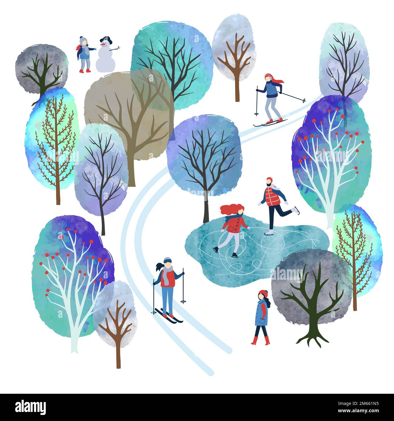 Winter landscape with people vector watercolor illustration. Outdoor ...