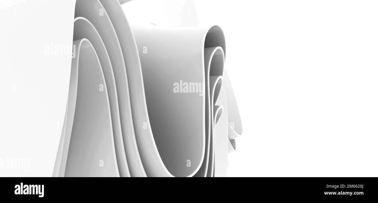 An abstract 3D rendered white background with thin, reflective wavy ...