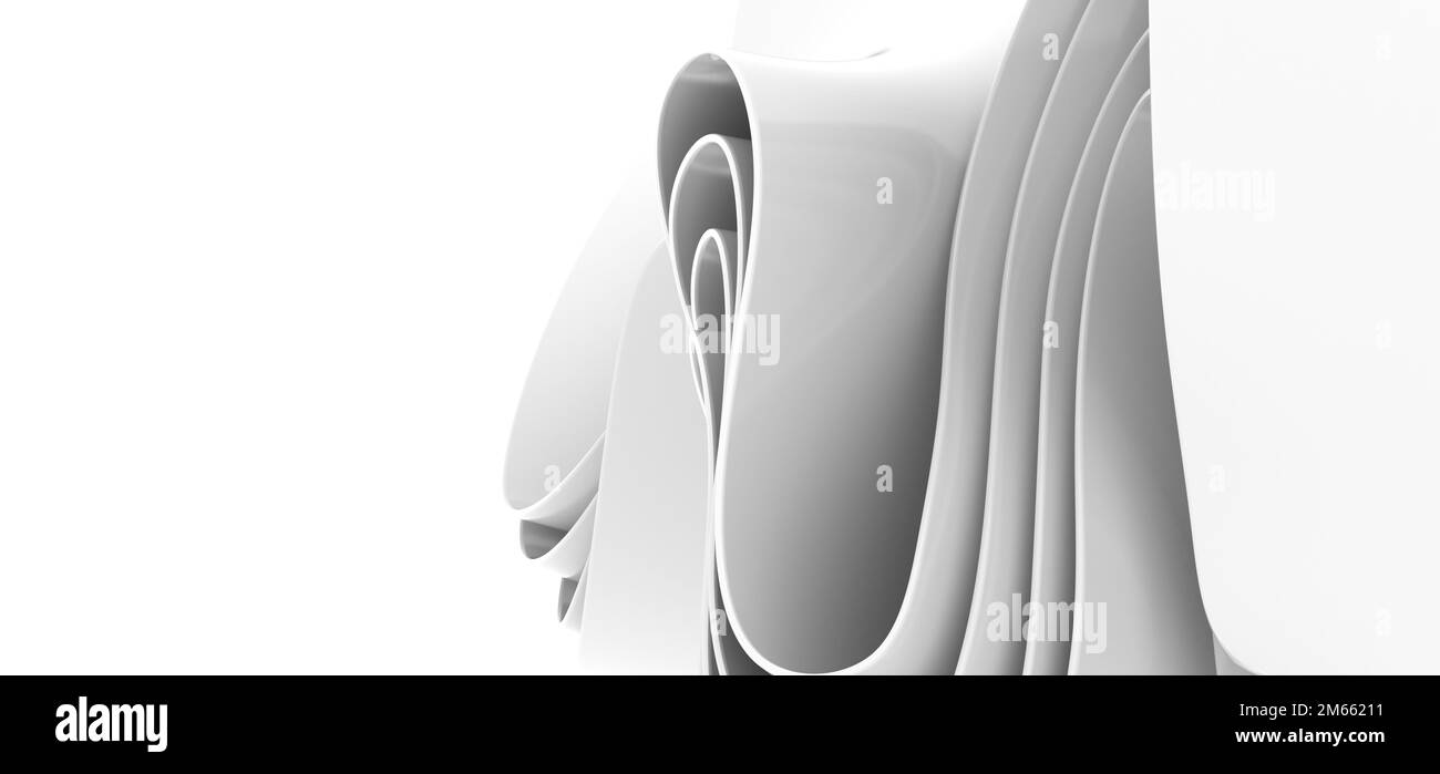 An abstract 3D rendered white background with thin, reflective wavy ...