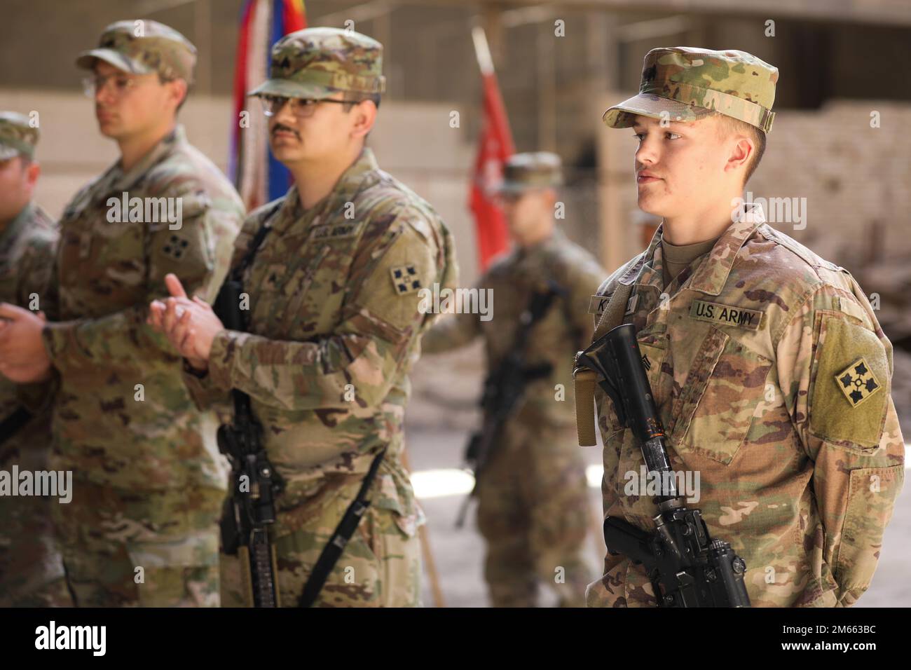 A U.S. Soldier assigned to Task Force Pioneer listens intently during a ...