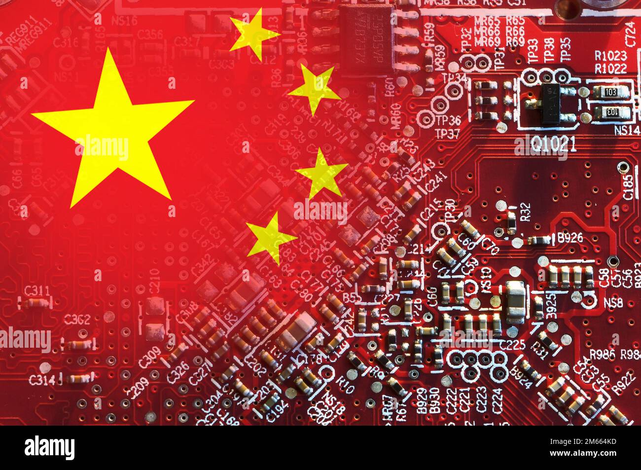 Flag Of The Republic Of China On Microchips Of A Printed Electronic Card Concept For Supremacy