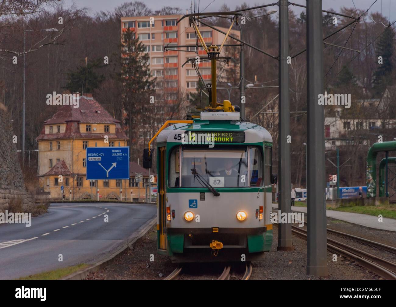 Tram way line in Liberec city in winter cloudy fresh evening Stock ...