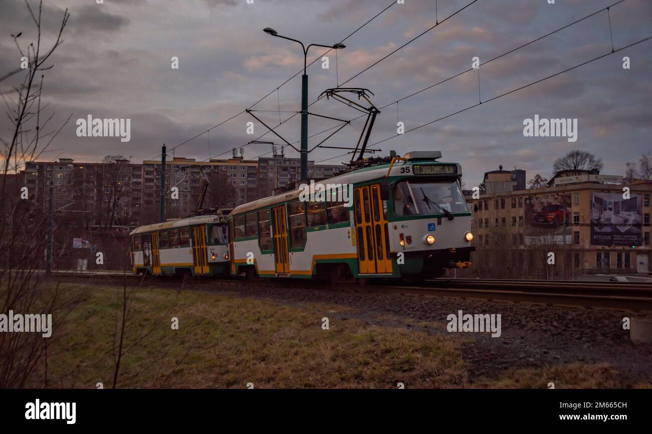 Tram way line in Liberec city in winter cloudy fresh evening Stock ...