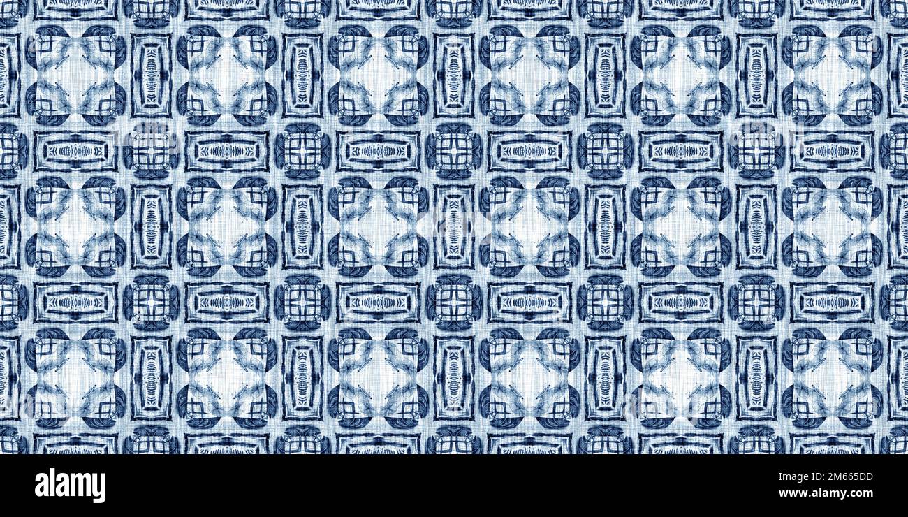 Indigo dye wash coastal damask seamless border pattern. Washed out ...