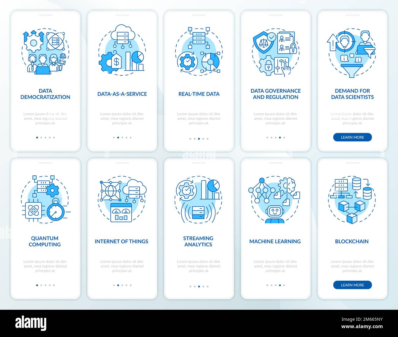 Data Science Technology Trends Blue Onboarding Mobile App Screens Set Stock Vector Image And Art