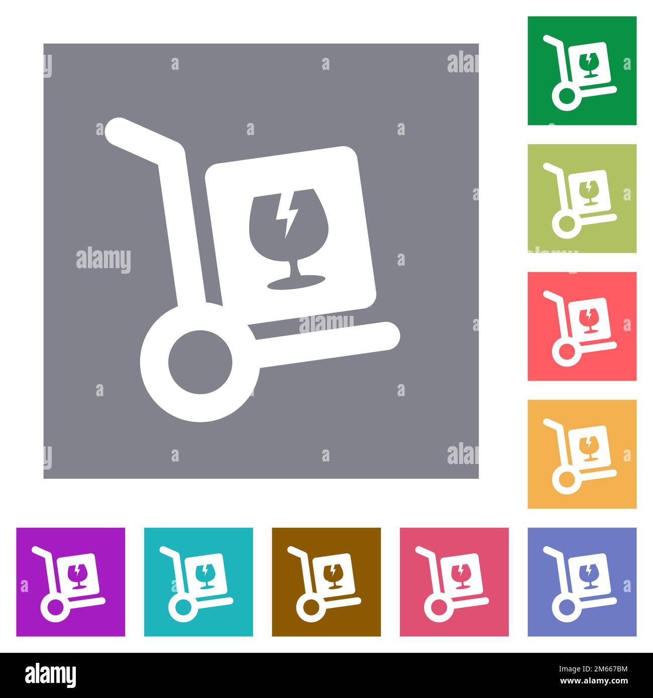 Fragile parcel delivery solid flat icons on simple color square ...