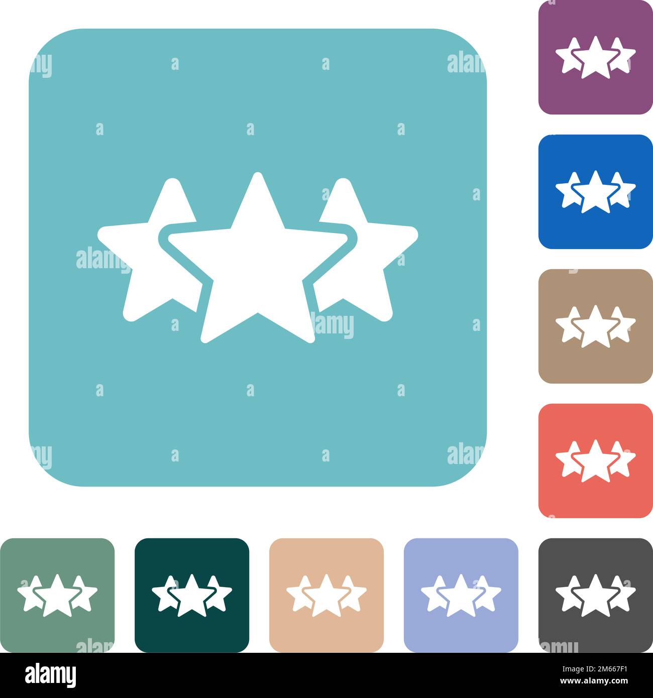 Three star rating solid white flat icons on color rounded square ...