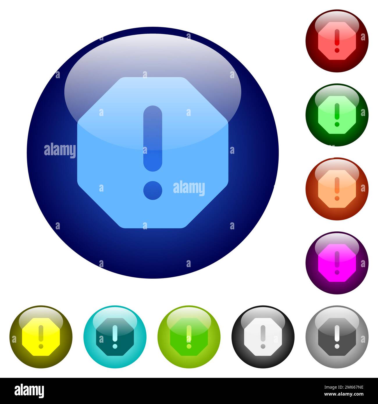 Octagon shaped error sign solid icons on round glass buttons in ...