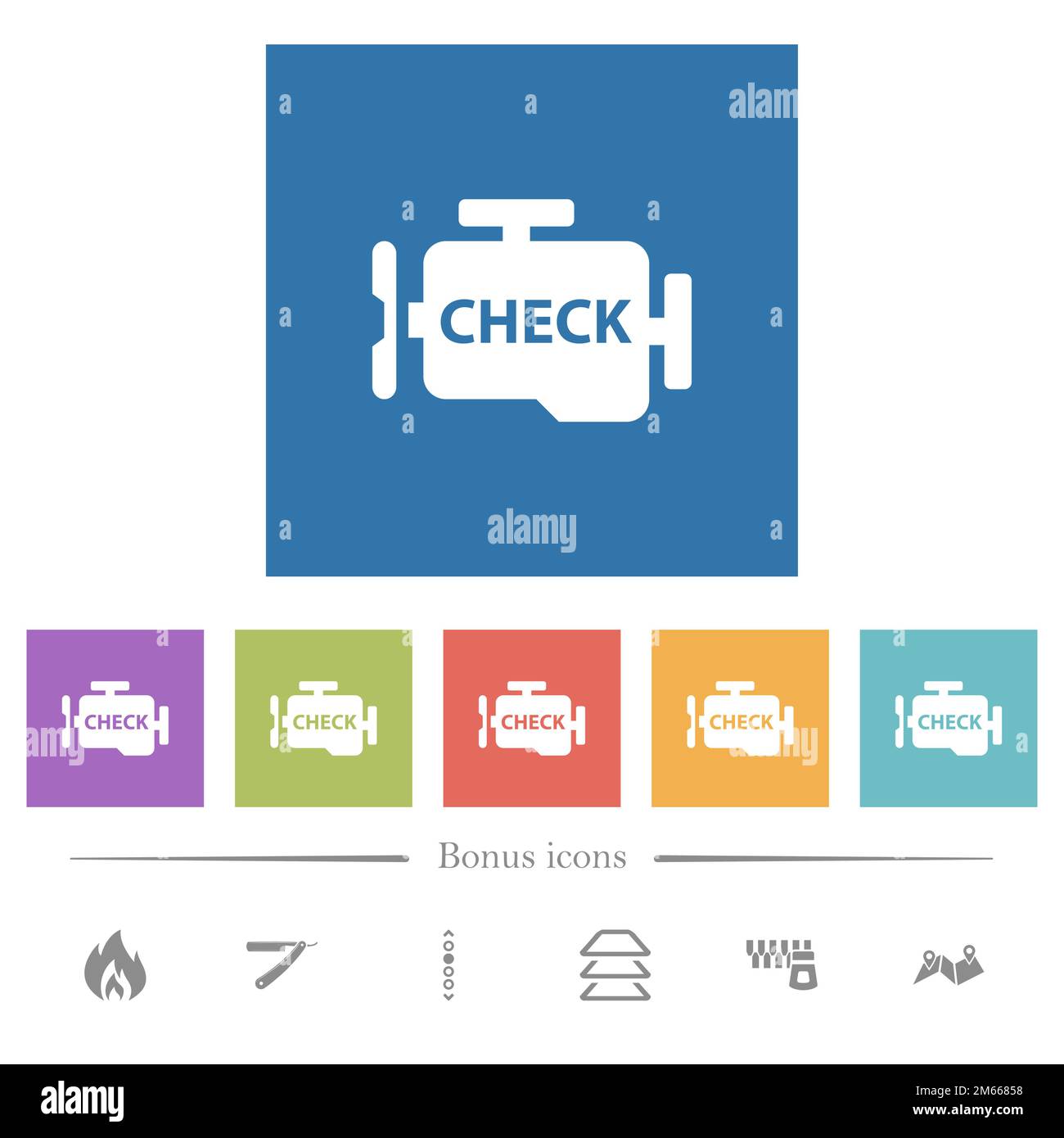 Check engine symbol flat white icons in square backgrounds. 6 bonus ...