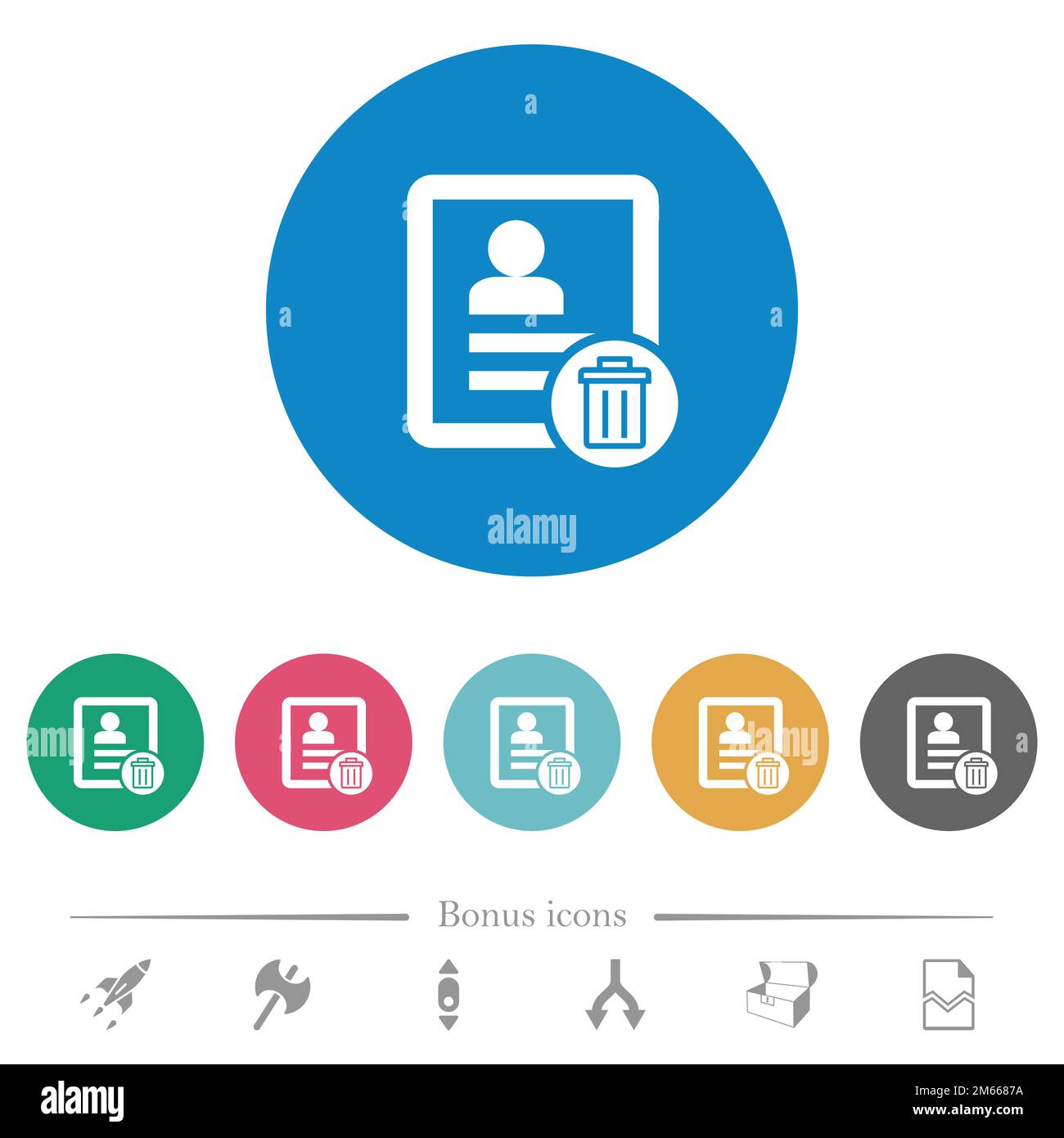 Delete contact flat white icons on round color backgrounds. 6 bonus ...