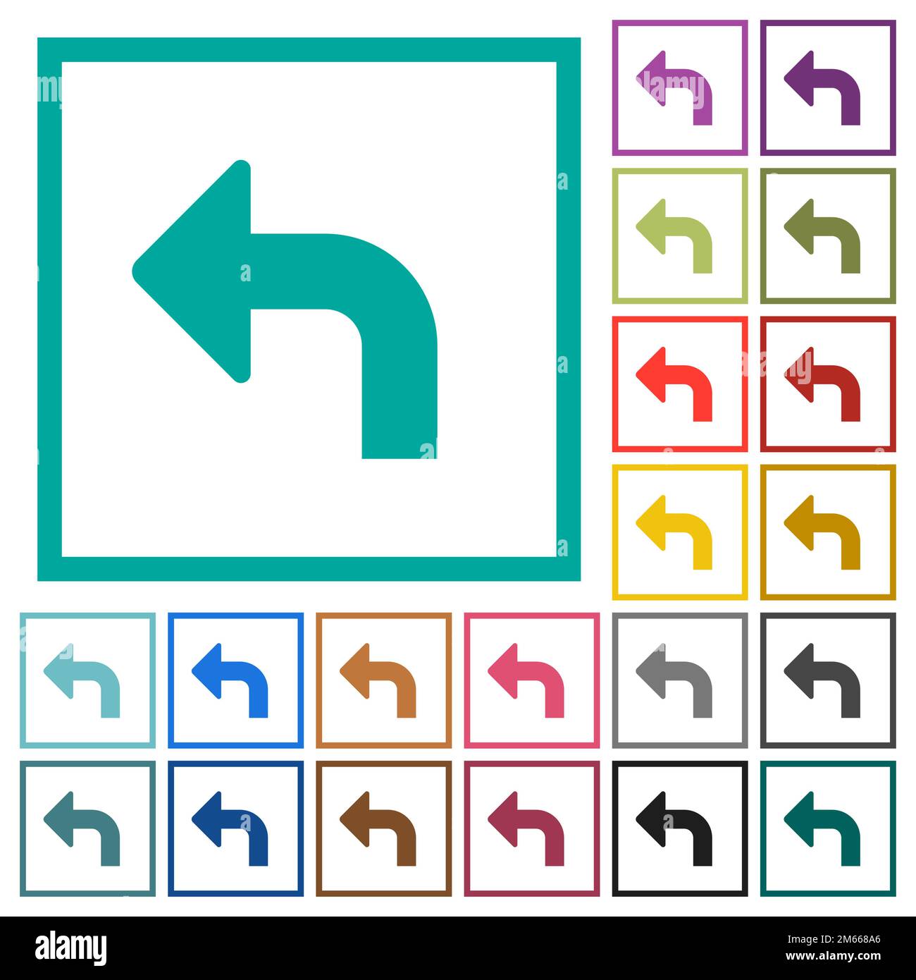 Top left side turn arrow solid flat color icons with quadrant frames on ...