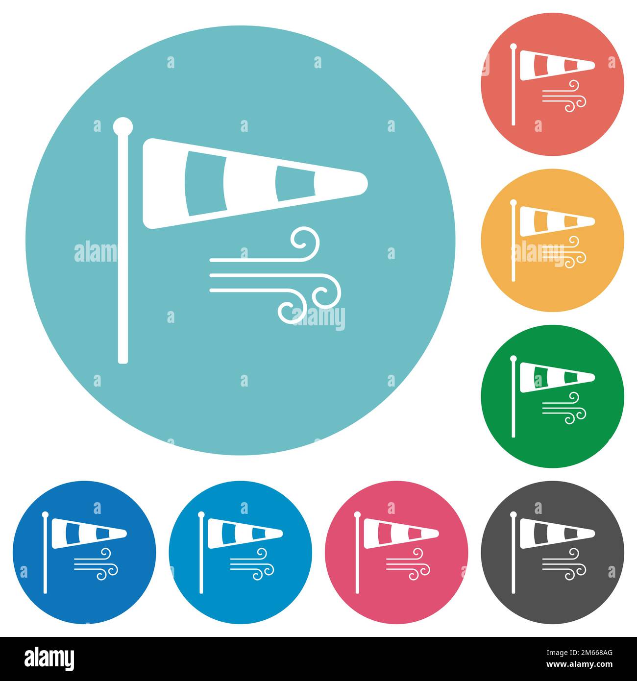 Windsock indicator with wind solid flat white icons on round color ...