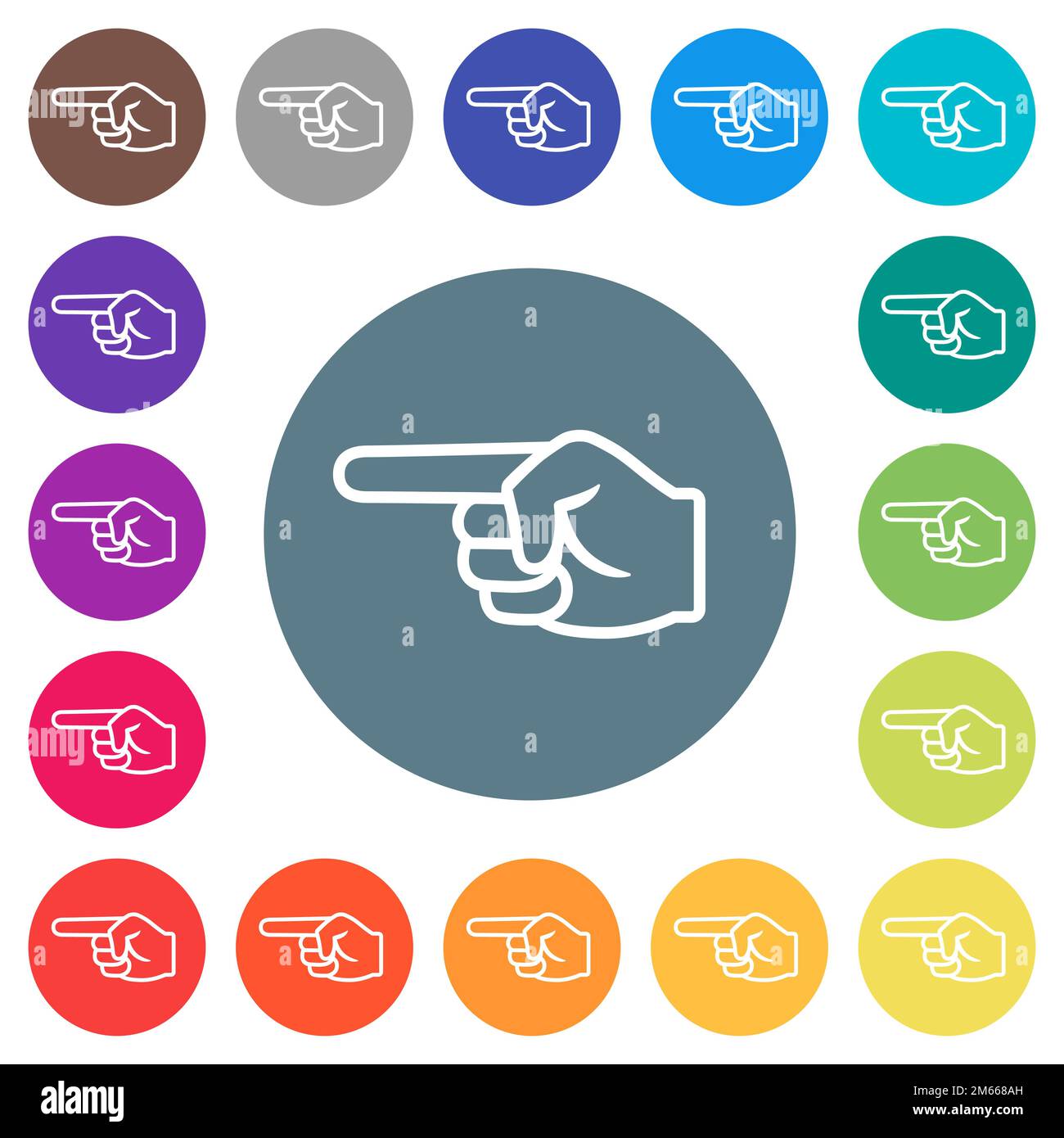 Left pointing hand outline flat white icons on round color backgrounds ...