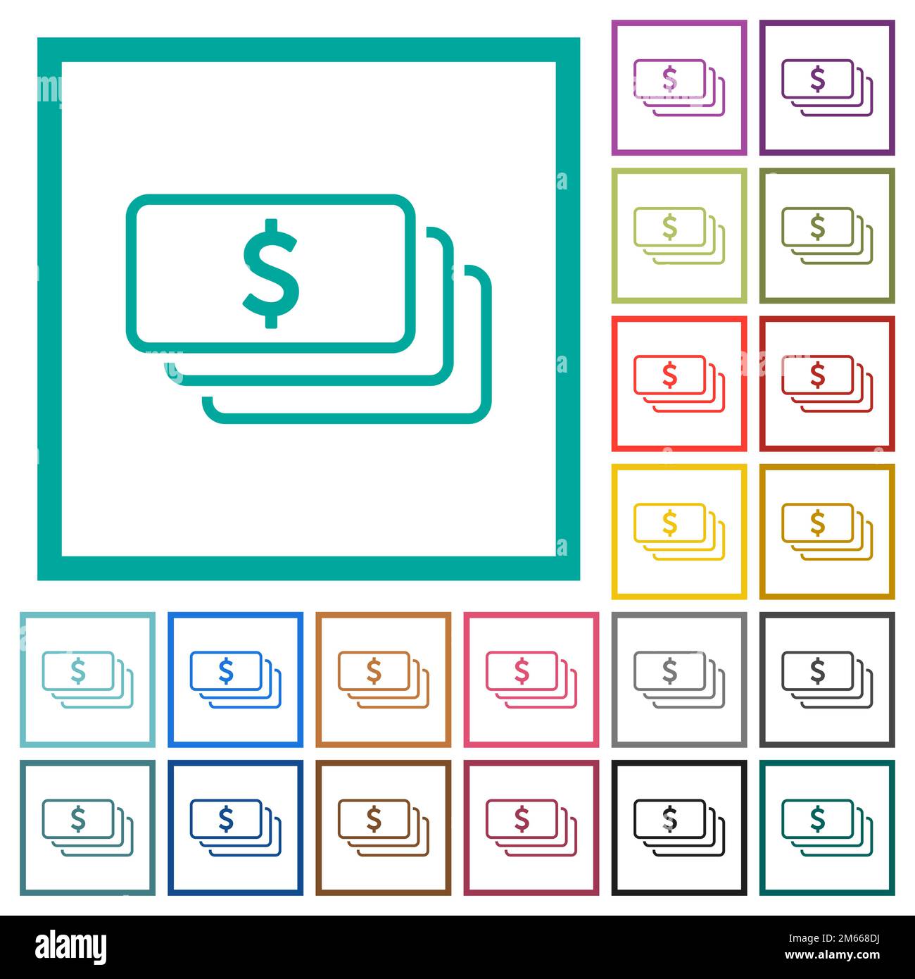 American dollar banknotes outline flat color icons with quadrant frames ...