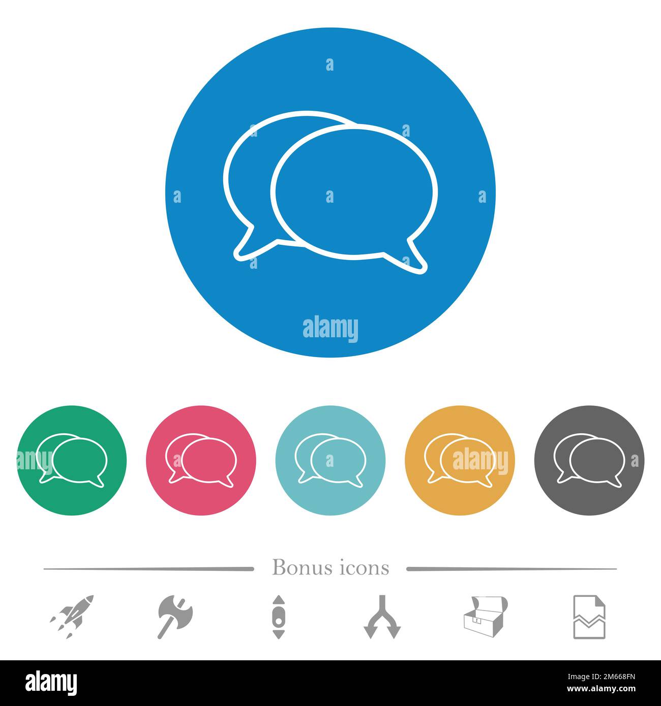 Two oval chat bubbles outline flat white icons on round color ...