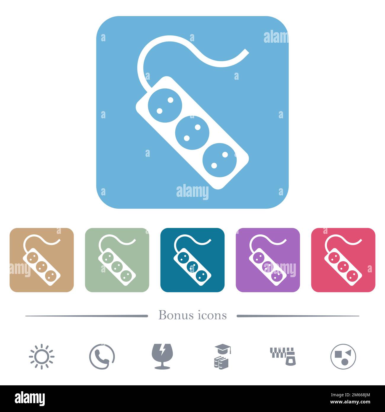 Portable electrical outlet with three sockets and cord solid white flat icons on color rounded ...