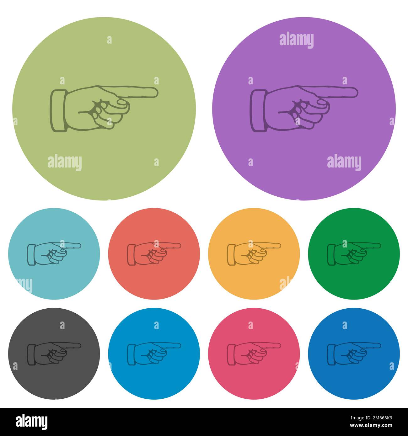 Right pointing hand outline drawing darker flat icons on color round ...