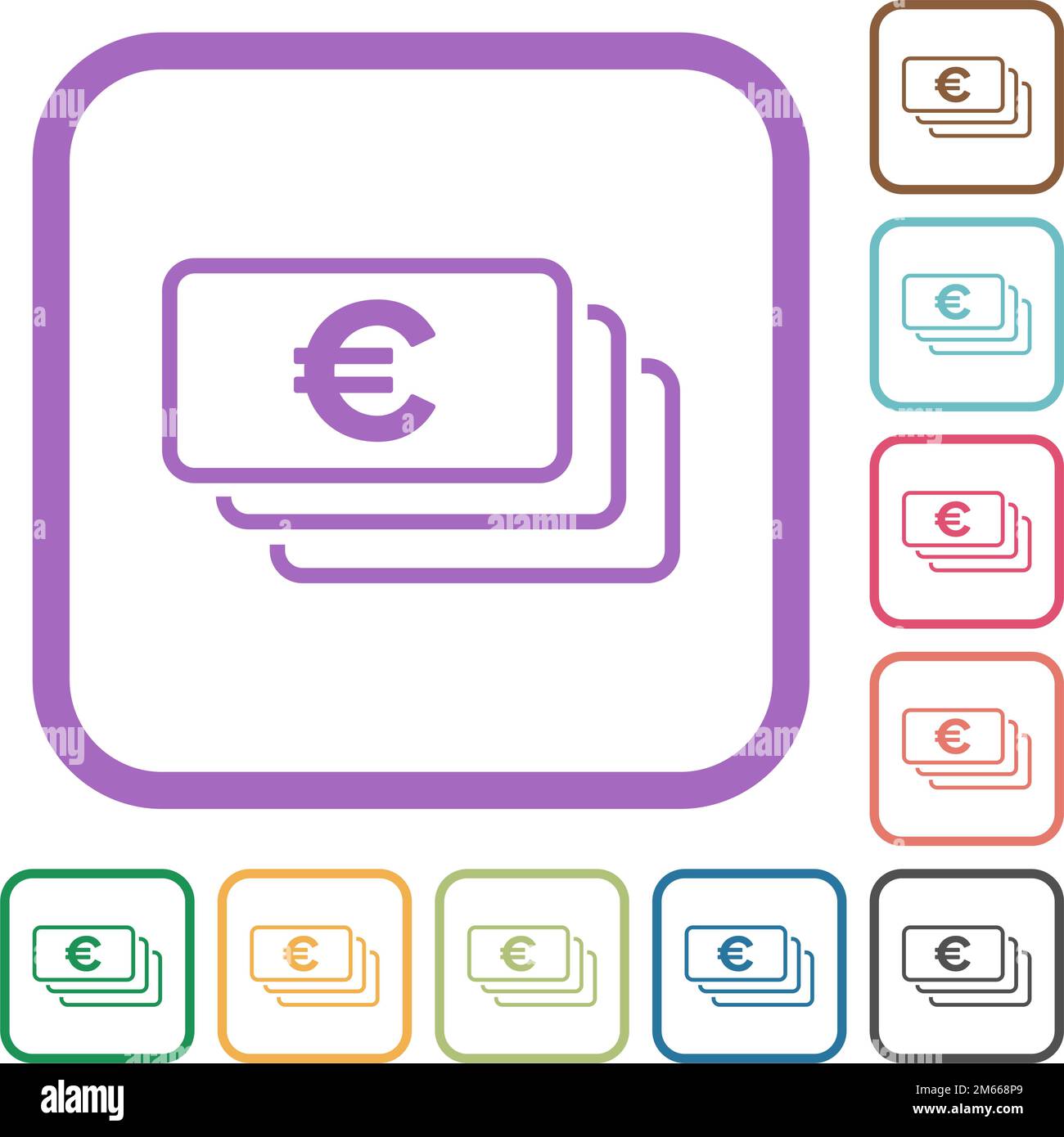 European Euro banknotes outline simple icons in color rounded square ...