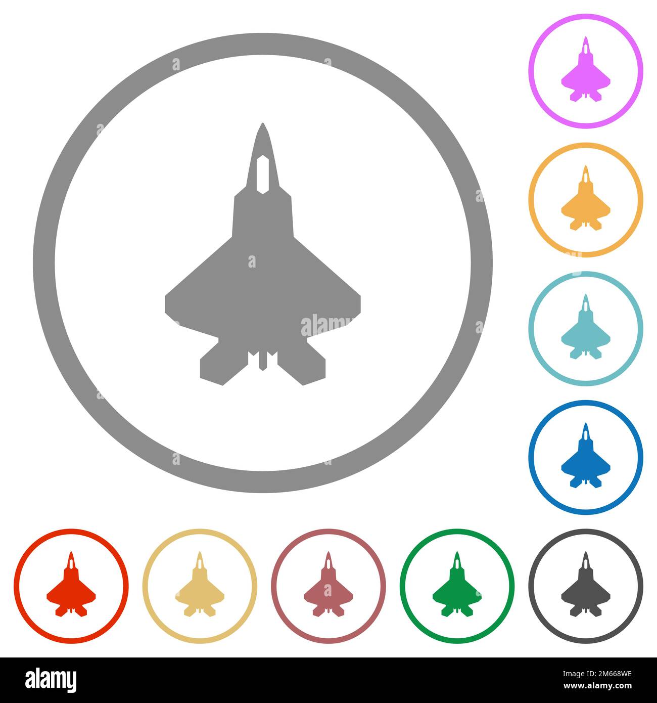 Jet fighter silhouette flat color icons in round outlines on white ...