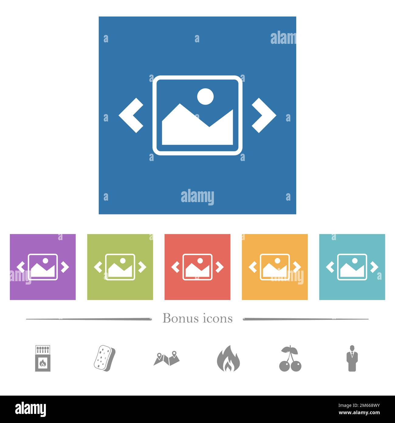 Image slideshow flat white icons in square backgrounds. 6 bonus icons ...