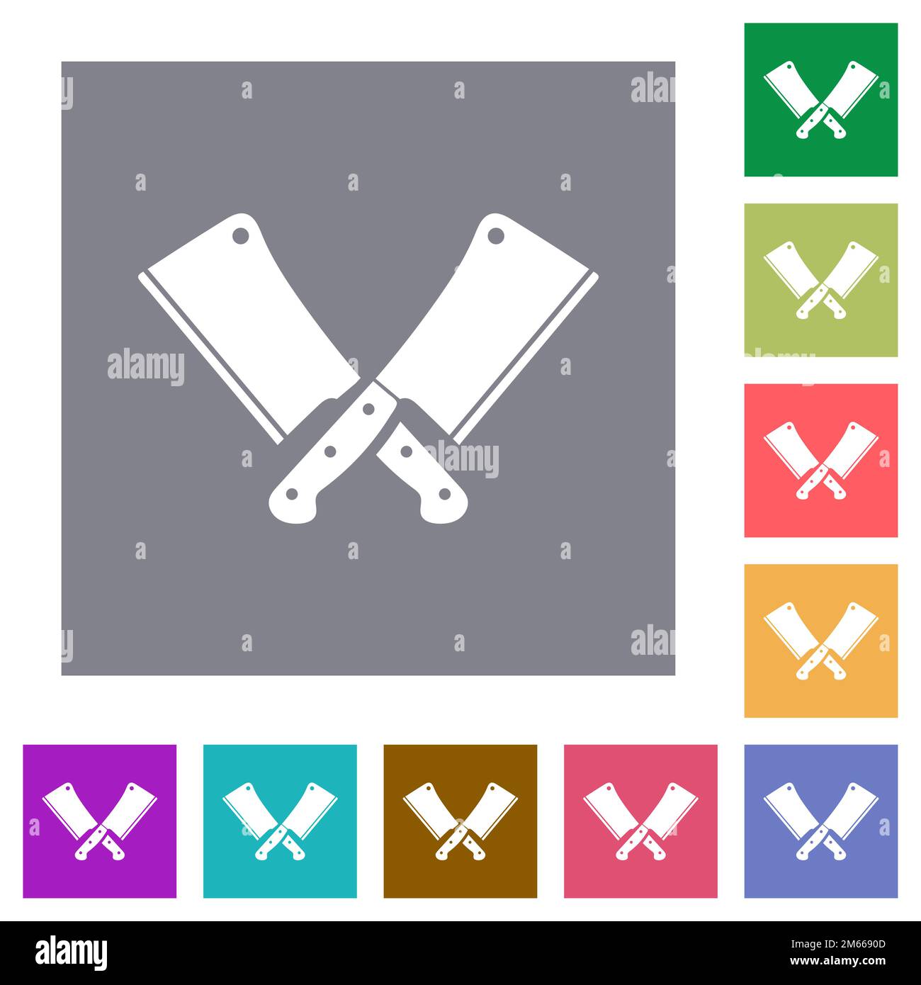 Two crossed meat cleavers flat icons on simple color square backgrounds ...