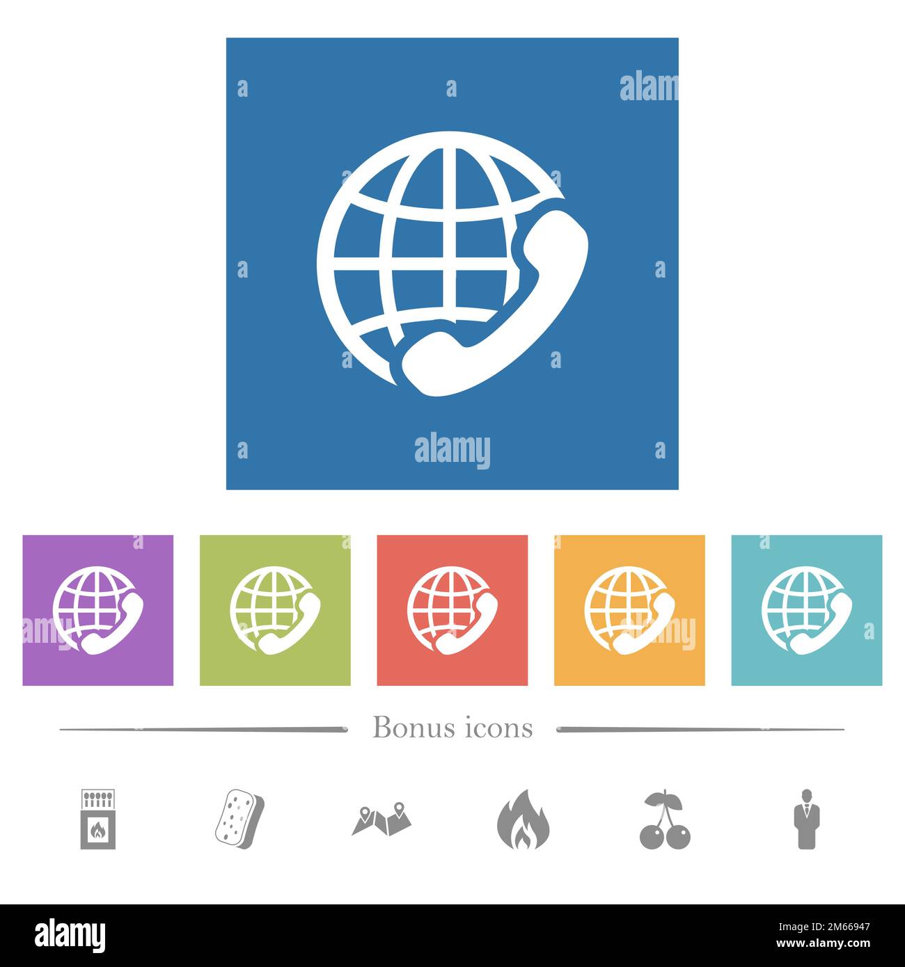 International call flat white icons in square backgrounds. 6 bonus ...