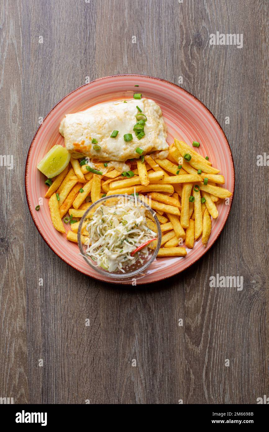 Vertical delicious, fast food of french fries, mash potato, puree and ...