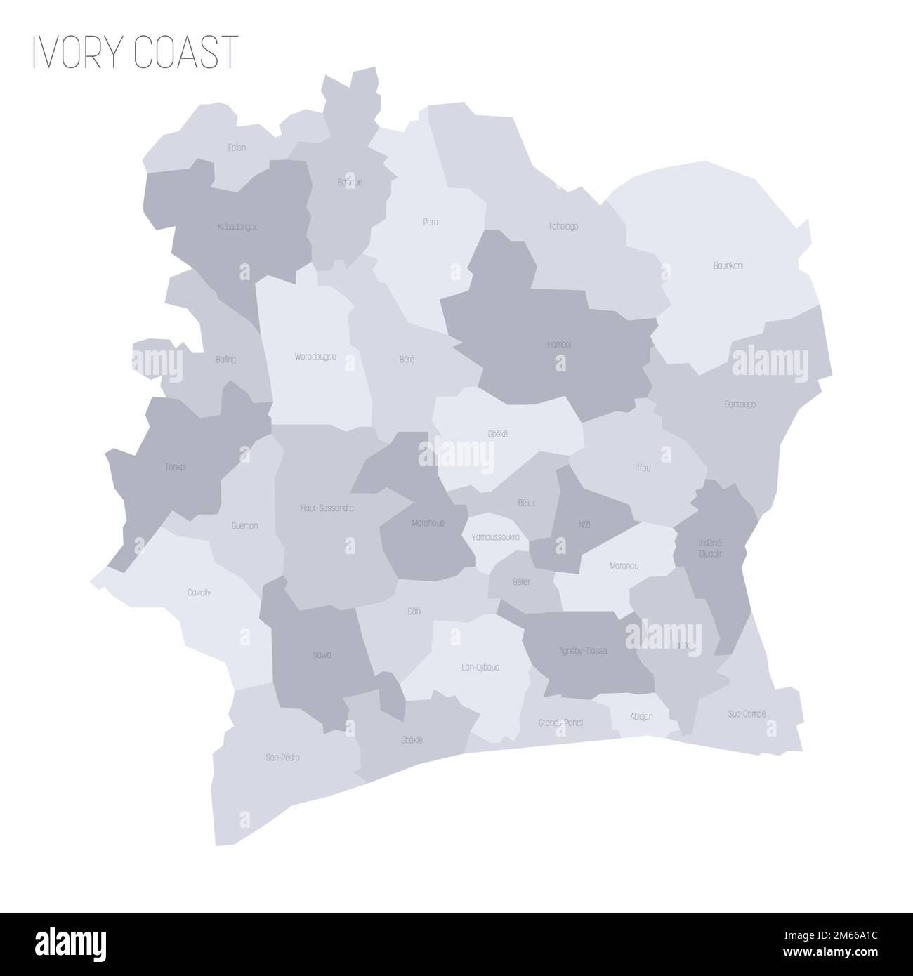 Ivory Coast political map of administrative divisions - regions and autonomous districts. Grey ...