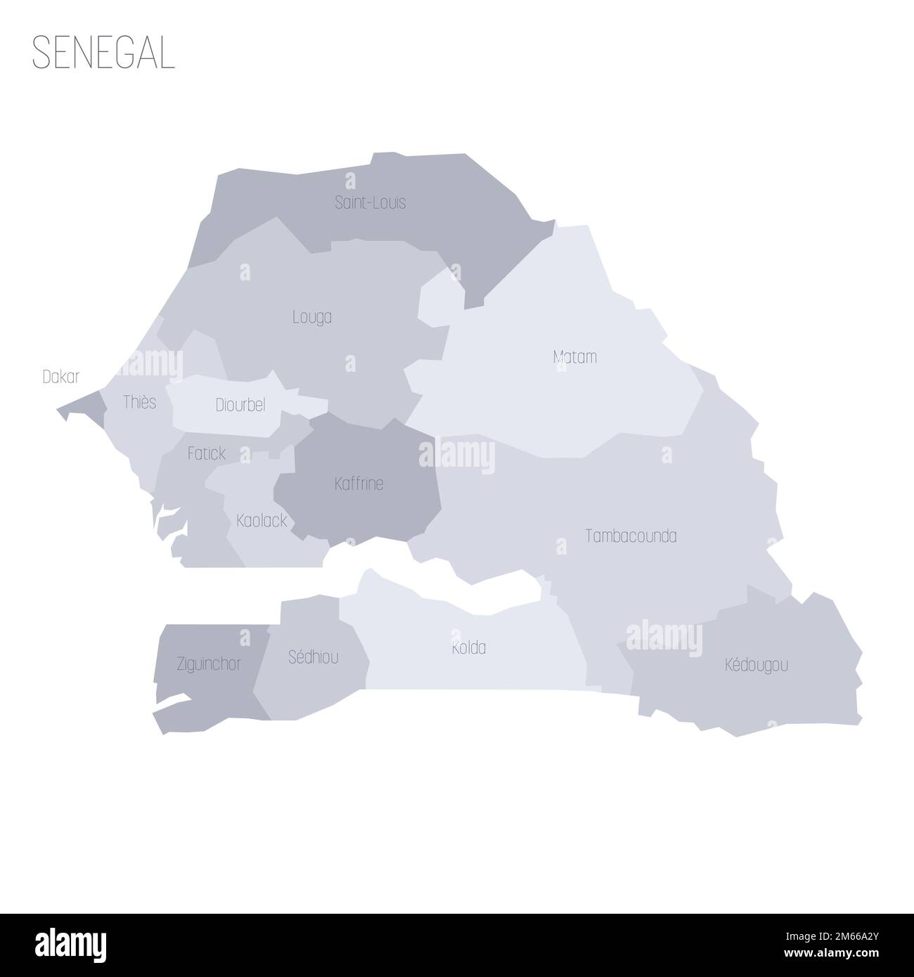 Senegal political map of administrative divisions - regions. Grey vector map with labels Stock ...