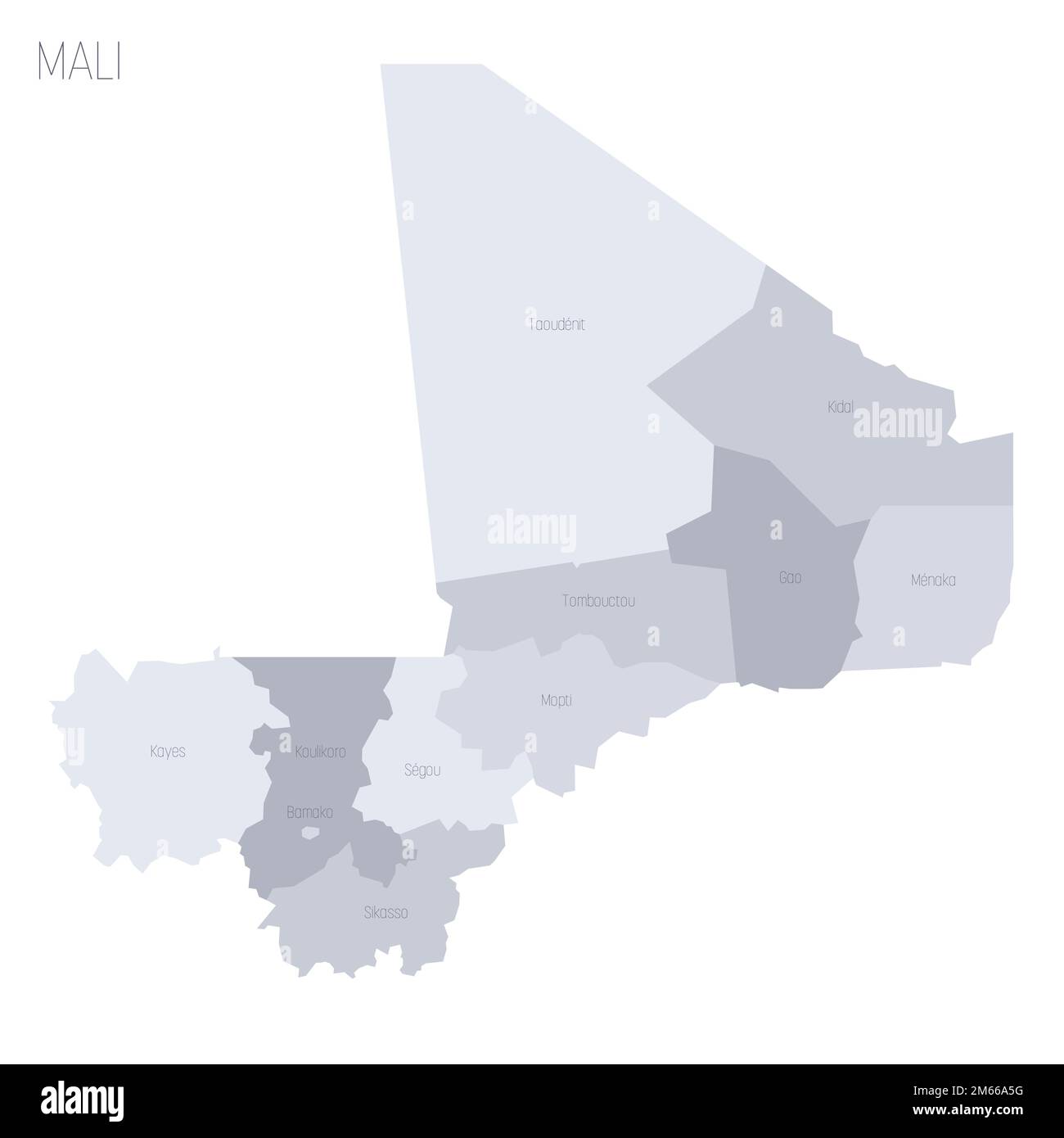 Mali political map of administrative divisions - regions and capital district of Bamako. Grey ...