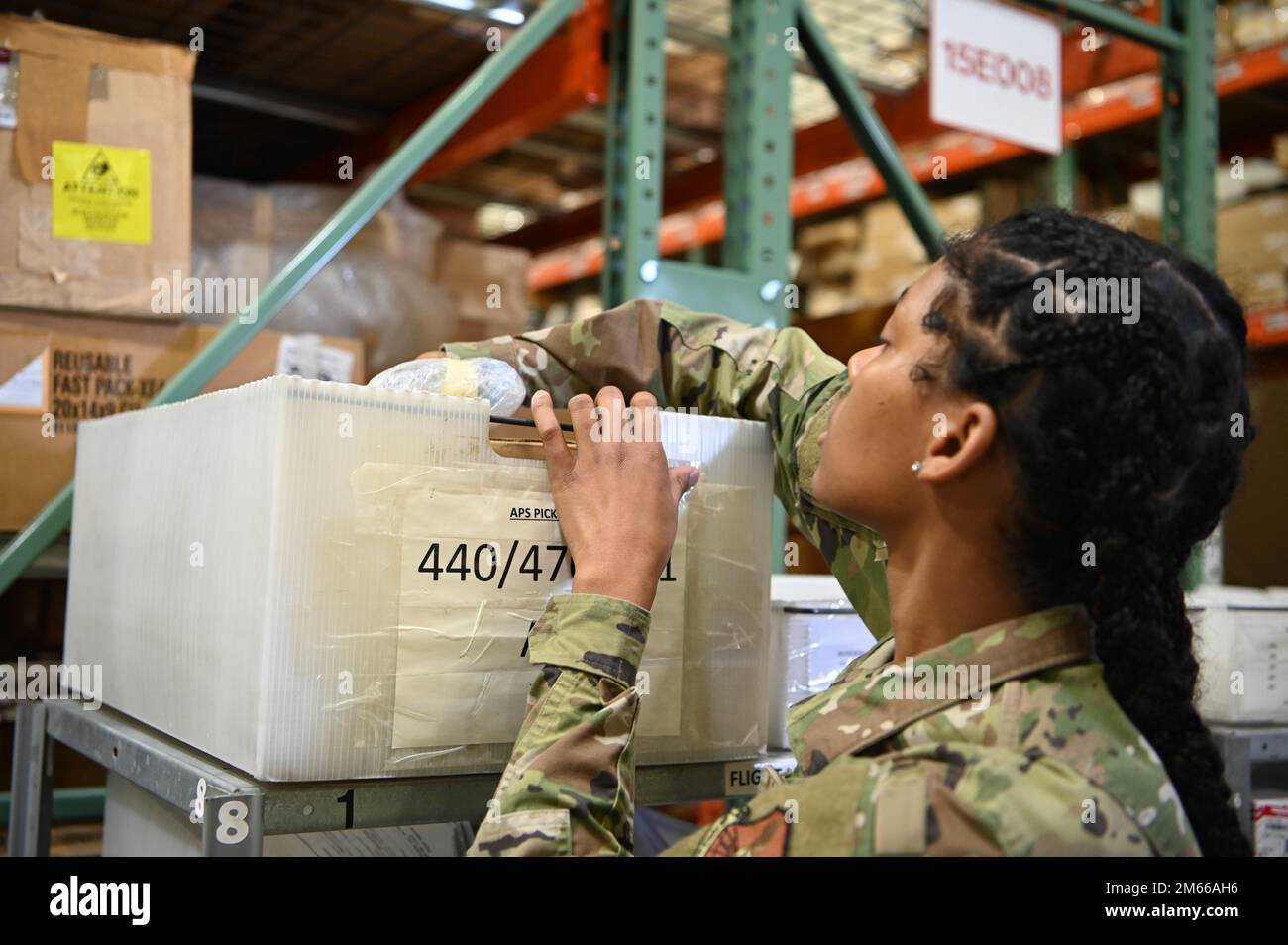 U.S. Air Force Airman Hastings, Aircraft Technician, 509 LRS, puts away ...