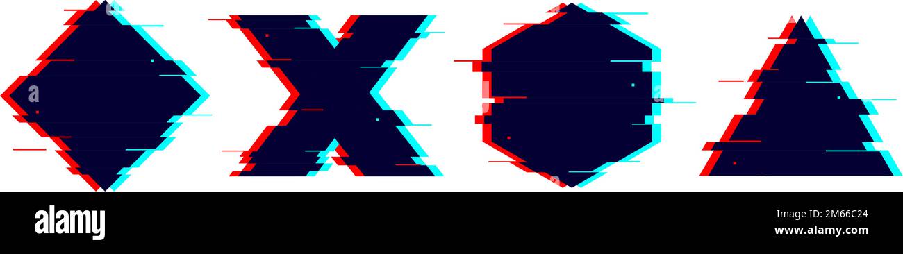 Glitch distorted geometric shapes set. Cross, square, triangle, hexagon, rhomb with TV or vhs ...