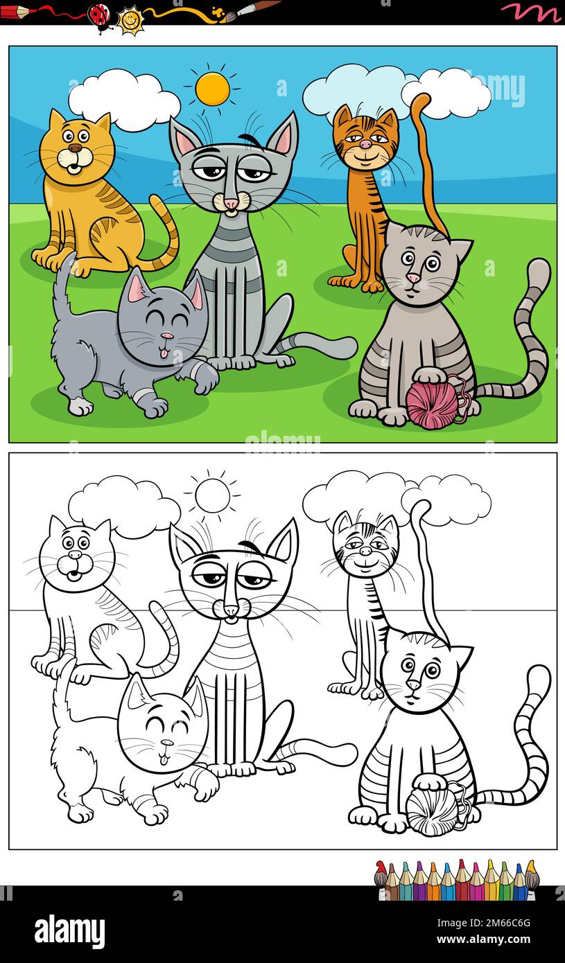 Cartoon illustration of funny cats comic characters group coloring page ...